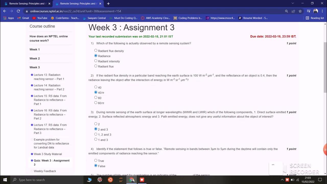 NPTEL WEEK 3 ASSIGNMENT ANSWERS FOR Remote Sensing: Principles and ...