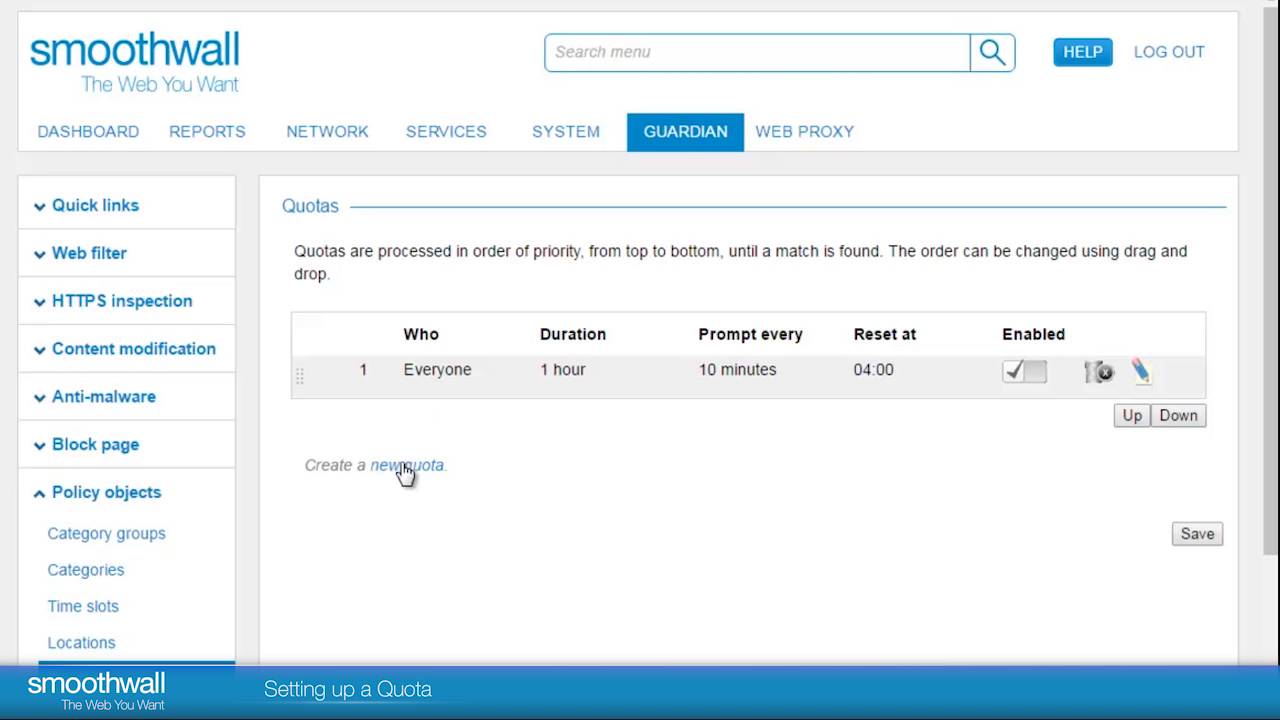 Setting up a Quota | Web Filtering | Smoothwall - YouTube