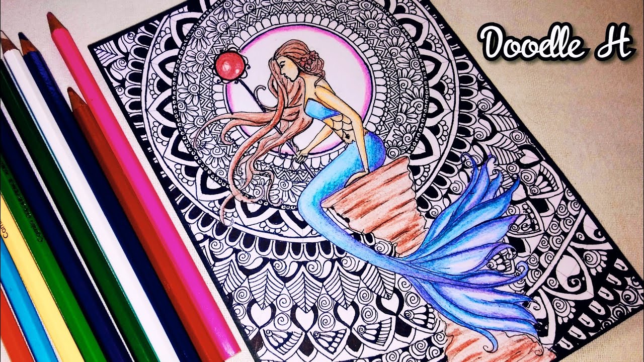 Mermaid with mandala art | pencil color drawing of mermaid | Doodle H ...