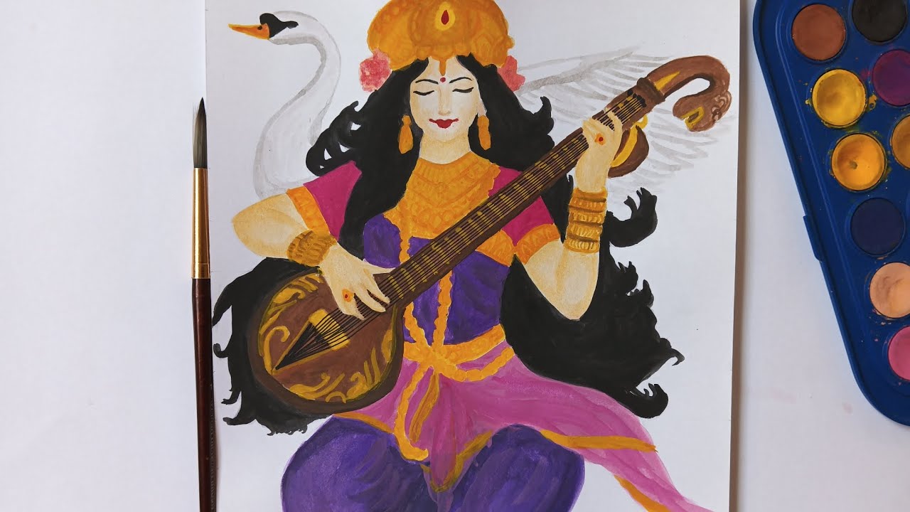 How to paint saraswati mata | watercolour painting tutorial | maa saraswati sharde easy painting ...