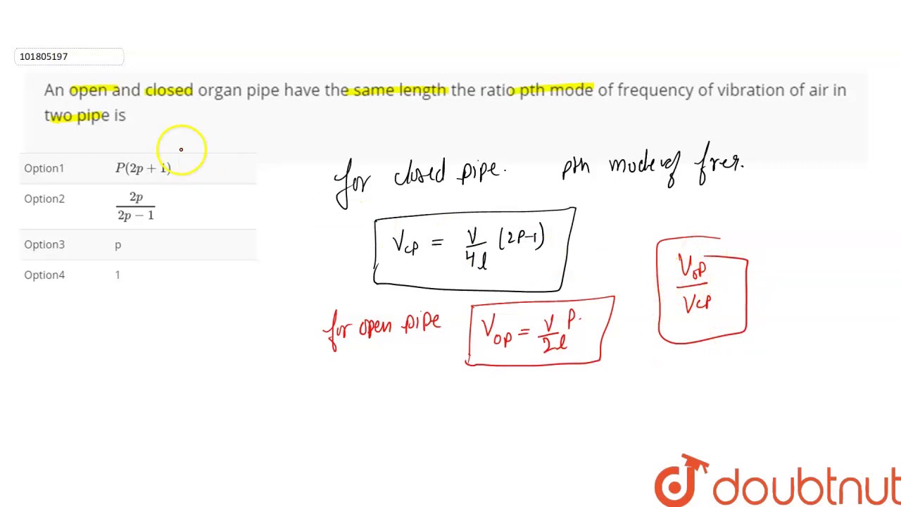 An open and closed organ pipe have the same length the ratio pth mode ...