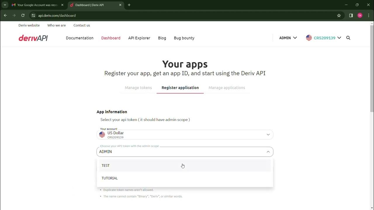 How to create a Deriv API token and application - YouTube
