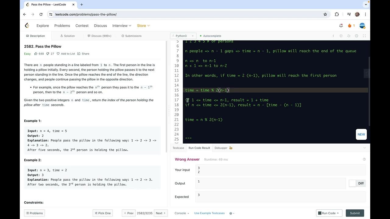 leetcode 2582 Pass the Pillow modulo operation - YouTube