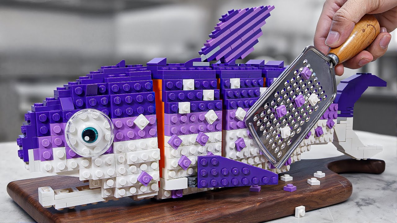 Giant PURPLE LEGO Salmon Cutting Deep Sea Cooking IRL Satisfying LEGO ...