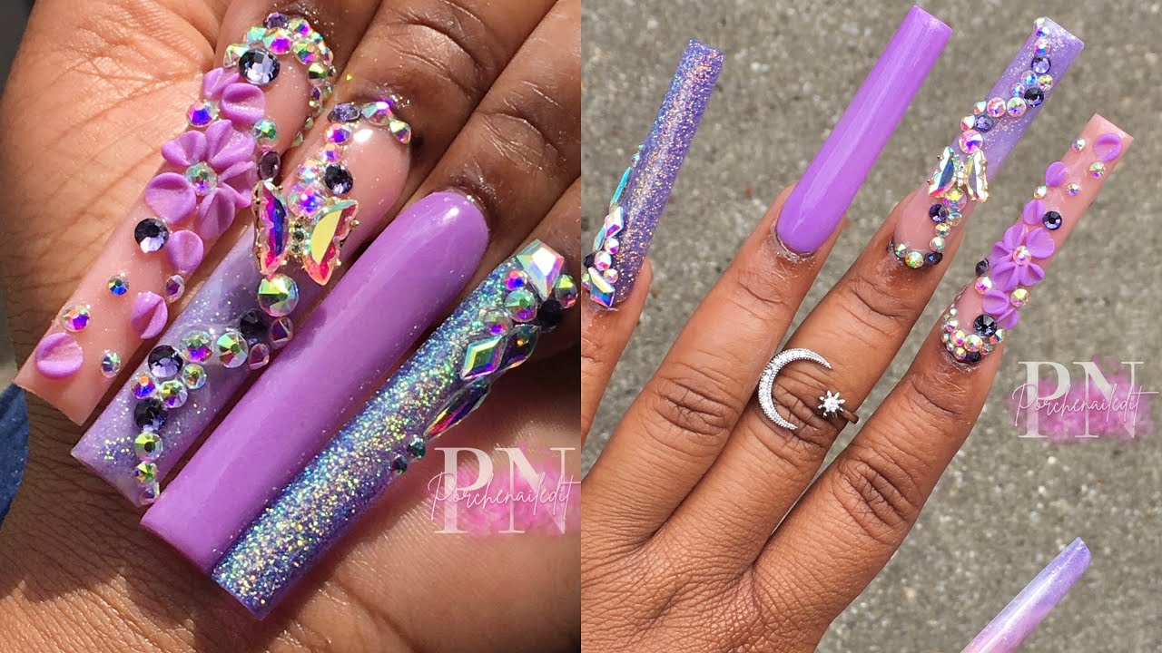 PURPLE FREESTYLE NAILS 💜| 3D FLOWERS | BUTTERFLY BLING | ACRYLIC NAIL ...