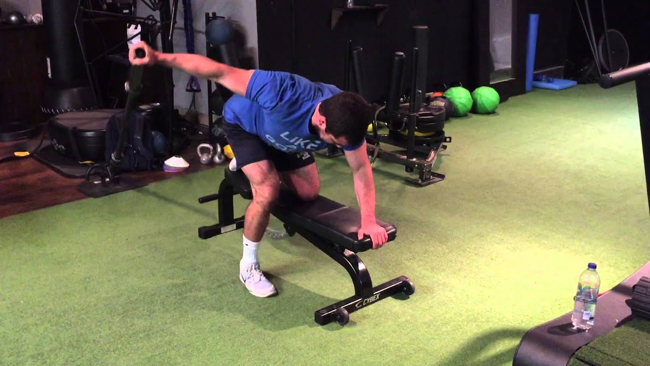 Landmine Reverse Flies (Bench Supported) - YouTube