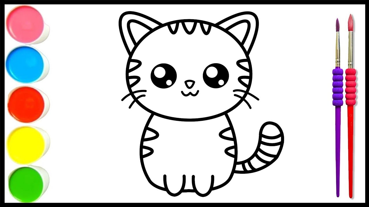 How to Draw a Cute Cat Drawing, Painting and Coloring for Kids and ...
