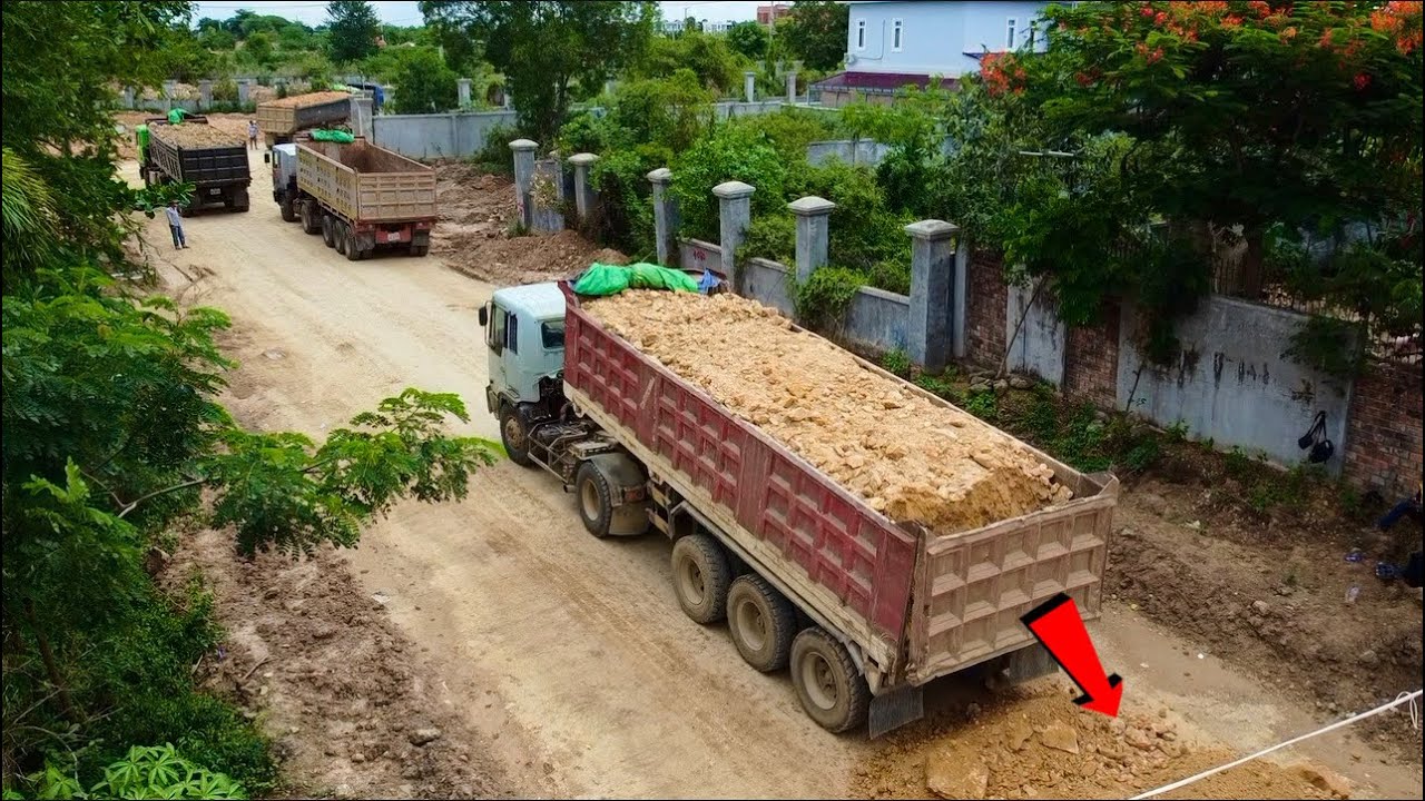 Amazing!Dump Trucks Unloading Stone &filling by dozer KOMATSU D58p push ...