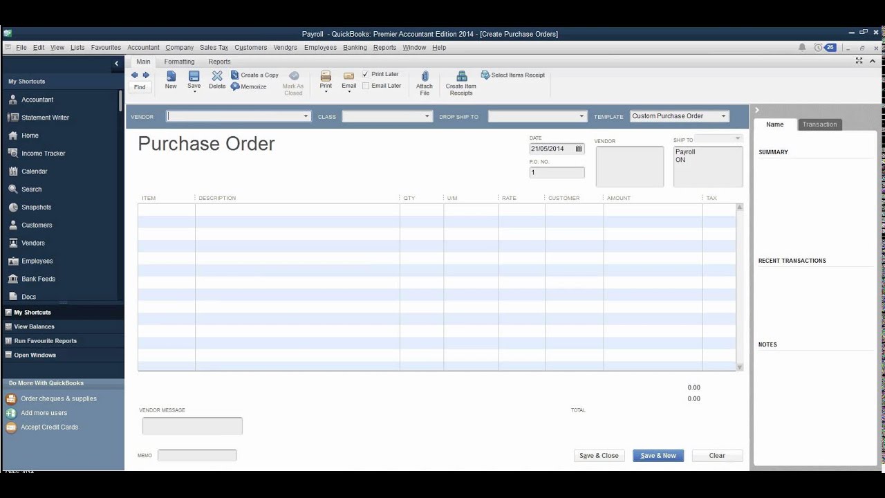 Intuit QuickBooks 2014 Purchase Order - YouTube