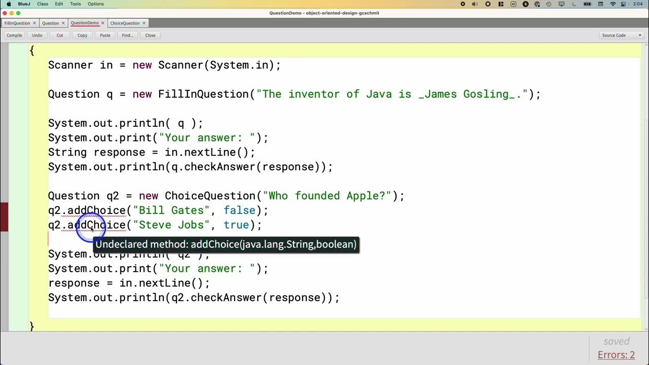 APCSA Object Oriented Design 07.02: ChocieQuestion subclass and ...