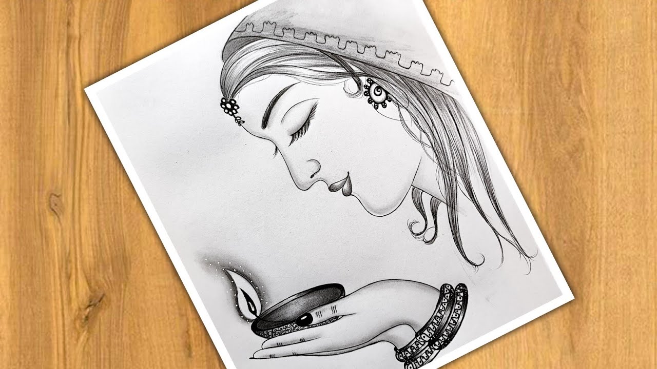 How To Draw Girl Holding A Diya | Diwali Special Drawing | Easy Drawing ...