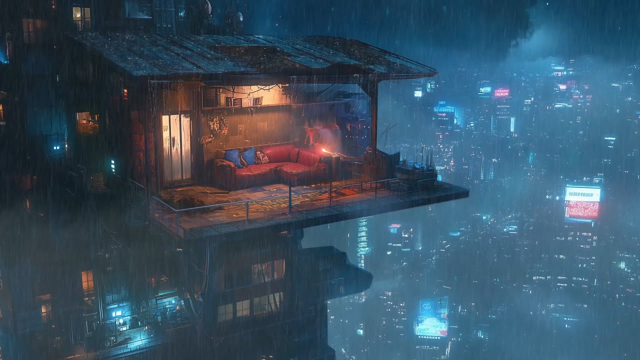 Cyber Rain Reverie: Ambient Music & Neon Skyline Views | Sci-Fi ...