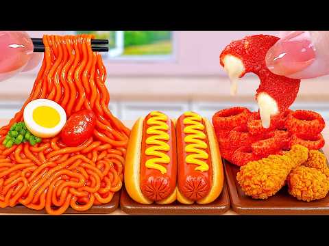 Mini Korean Street Food 🍗 Fried Chicken & Spicy Buldak Noodles Mukbang 🌶️ Tina Mini Cooking