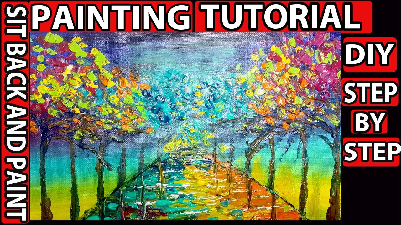 Tree road painting, fantasy trees painting, textured trees painting ...