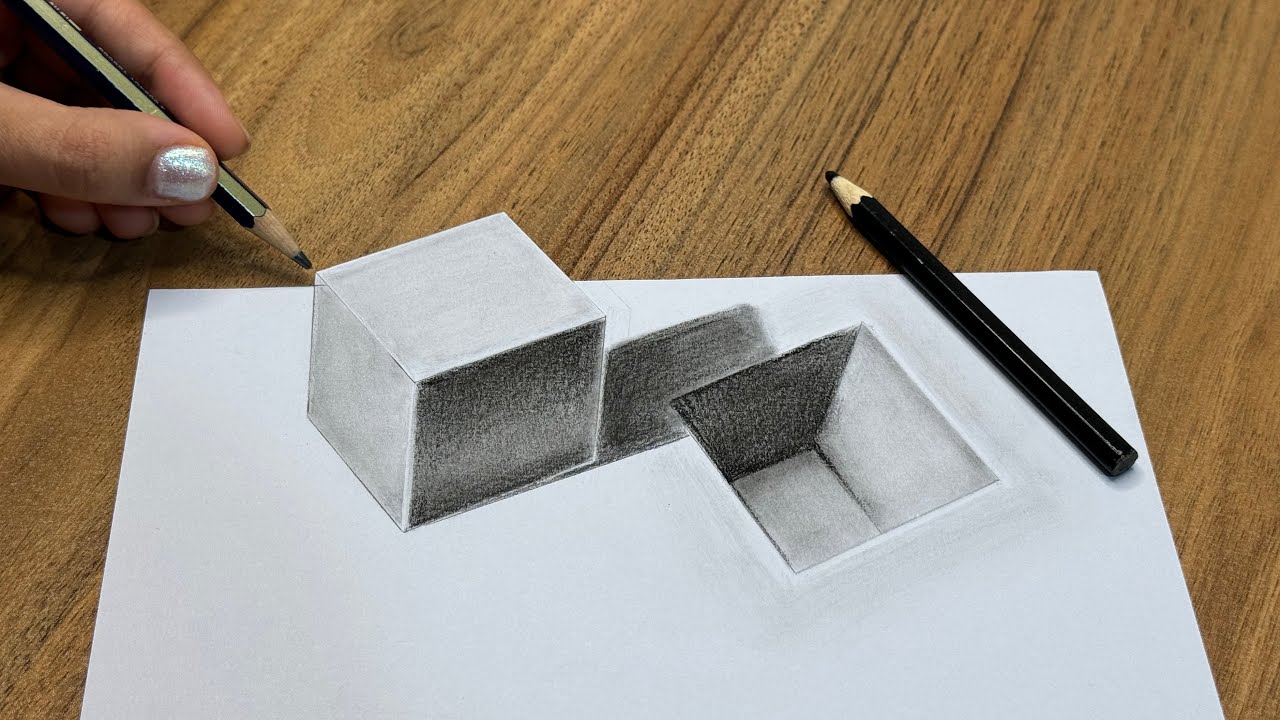 Easy 3d drawing cube, How to Draw a3D Cube and Hole - YouTube