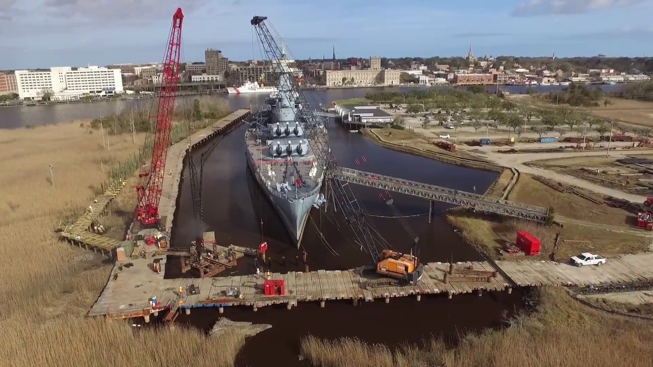 Battleship USS North Carolina Flyover (Cofferdam and Walkway ...