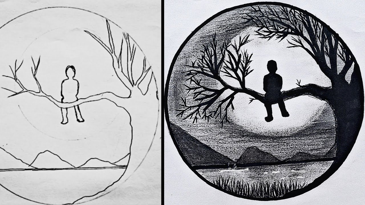 EASY NIGHT SCENERY DRAWING | PENCIL SKETCH | HOW TO DRAW A BOY IN ...