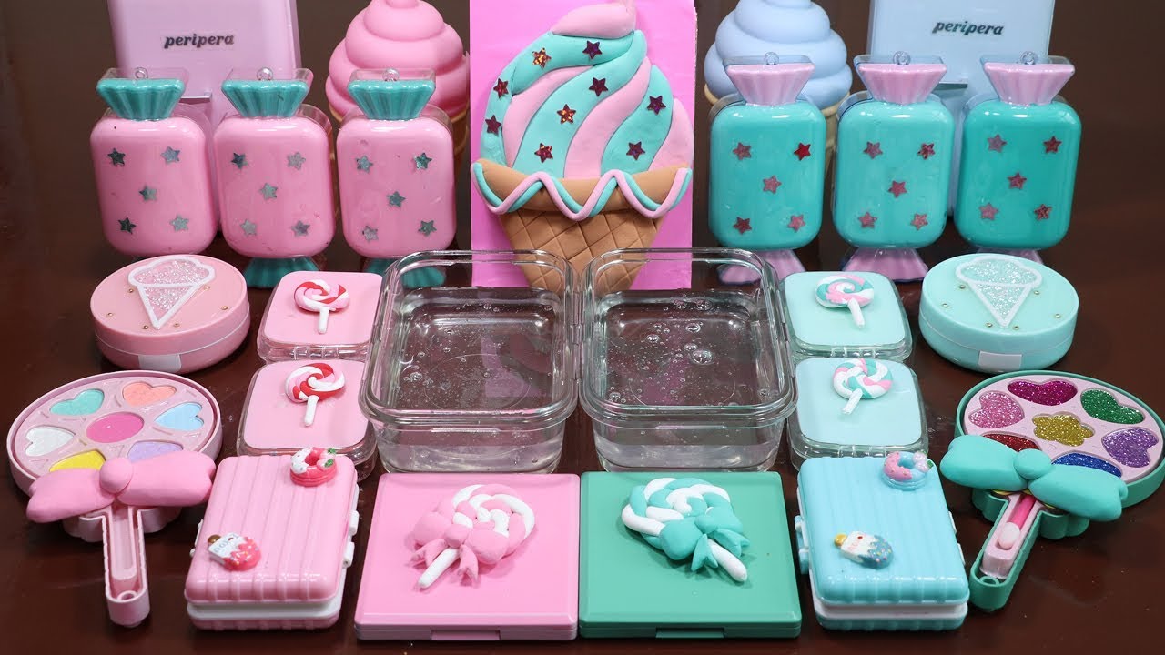 Mixing'Mint vs Pink 'Makeup more Stuff Into Slime!Satisfying Slime ...