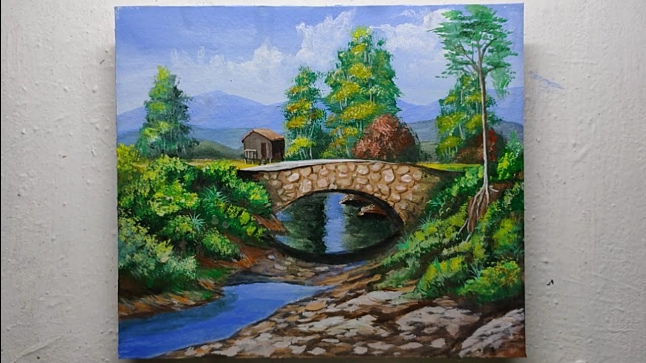 how to paint a landscape painting/bridge on lake/acrylic painting for ...
