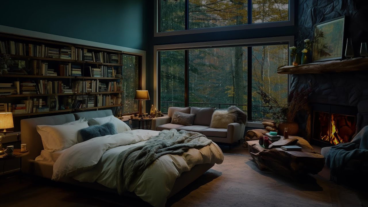 Cozy Living Room with Autumn Rain Sounds | Rain For Sleep and Relaxing ...