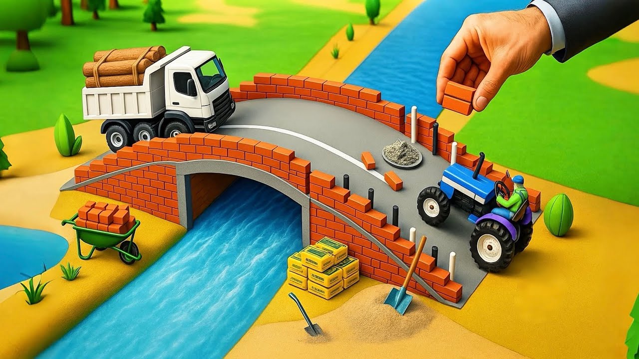 DIY Mini Truck Builds Brick & Metal Railing Bridge | Fun Construction ...