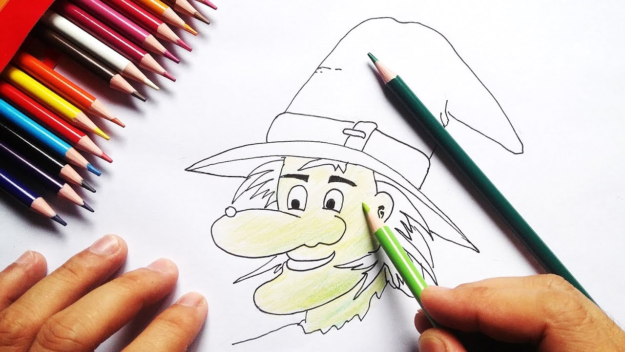 How to Draw and Color Witch's Head for Halloween - YouTube