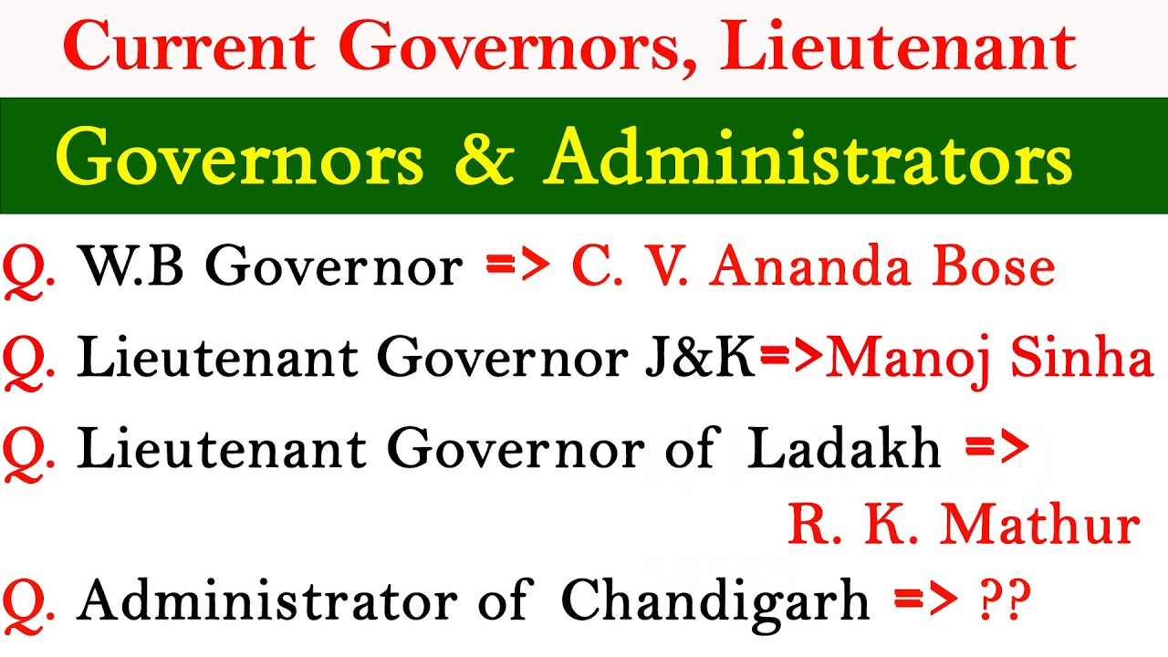 Current Governors, Lieutenant Governors and Administrators of Indian ...