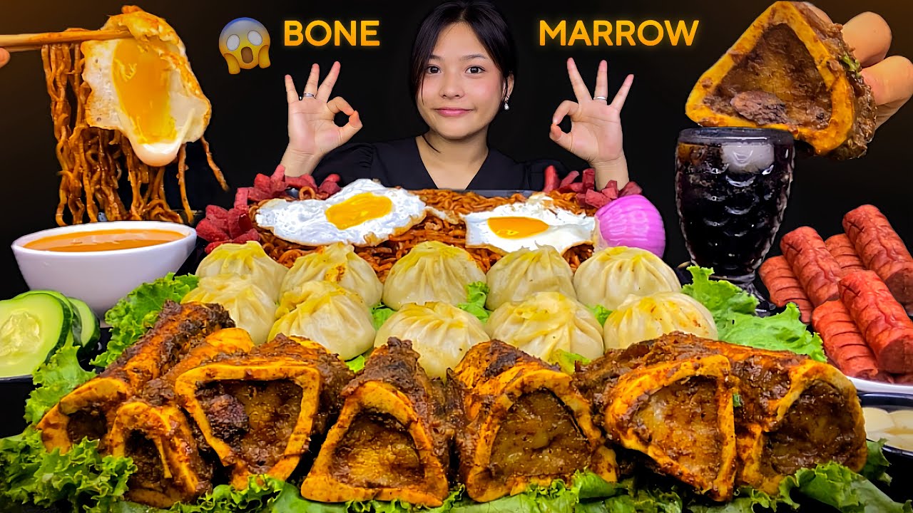 BUFFALO BONE MARROW WITH JUICY MOMO🥟SPICY BLACK BEAN NOODLES, SUNNY EGG ...