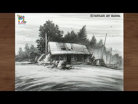 How to draw Damaged Wooden House In The Landscape || Easy Pencil Art