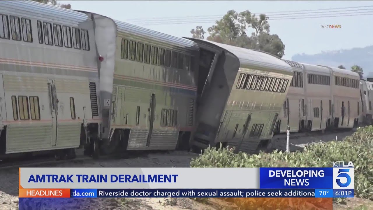 Passengers injured when Amtrak train derails after hitting truck in Moorpark - YouTube