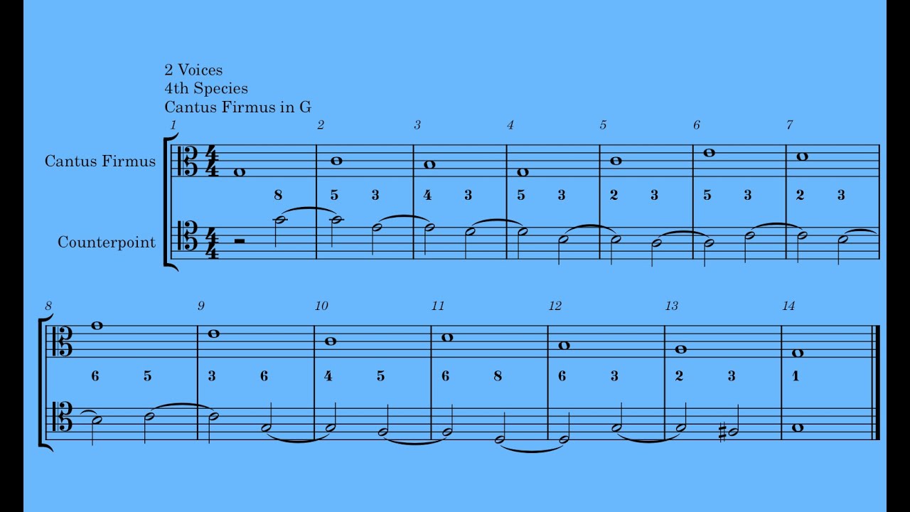 Fux Counterpoint. 2 Voices 4th Species (Cantus Firmus G, upper part ...