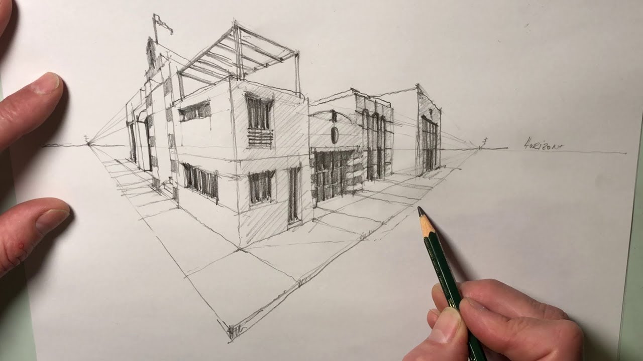How to draw a small Village Scene in Central Perspective view - YouTube