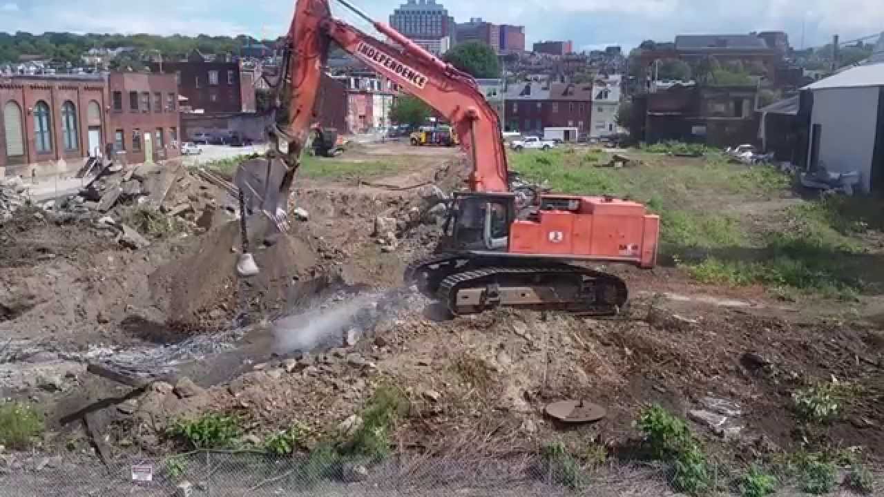 Excavator wrecking ball concrete demolition - YouTube