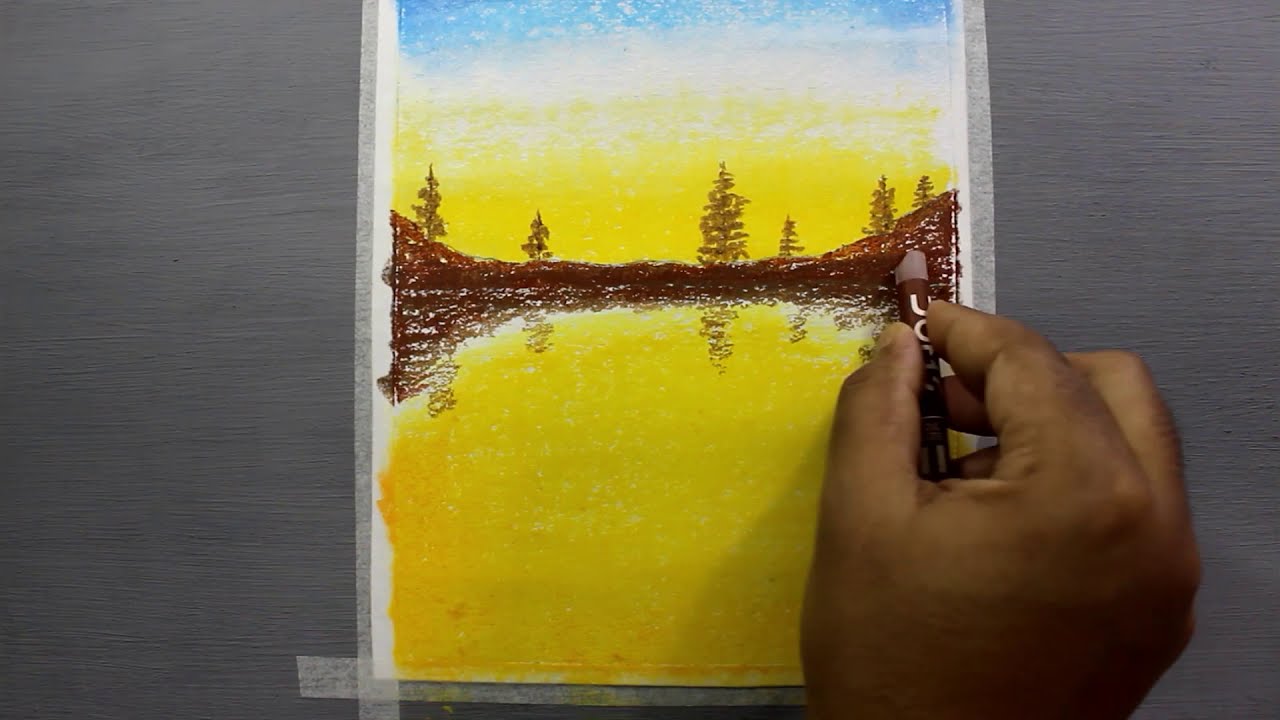 A Beautiful River Sunset Landscape / Drawing with Oil Pastels / Step by ...