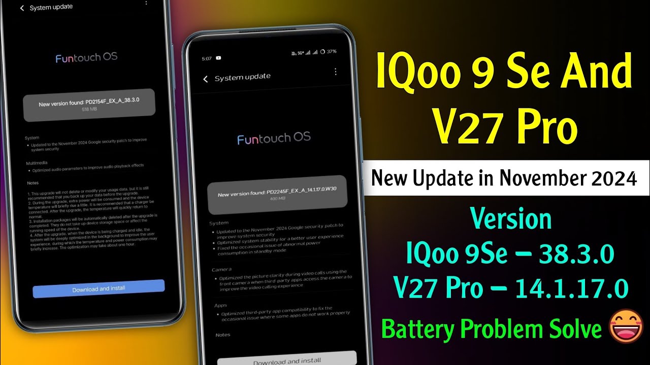 IQoo 9Se & V27 Pro New Update in November | IQoo 9Se 38.3.0 Update ...