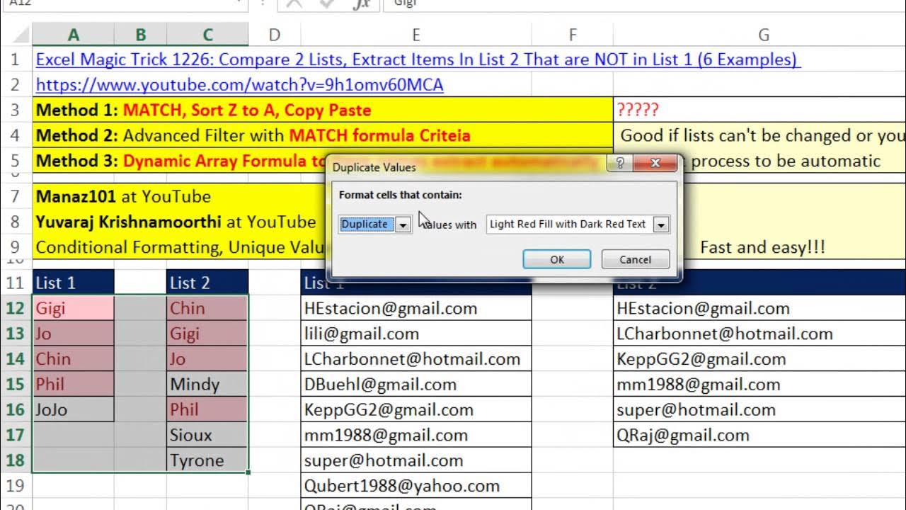 Excel Magic Trick 1229 Extract Items NOT in List 1: Conditional Format Unique Values & Sort by ...