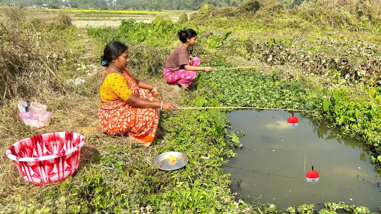 Fishing Video || Two expert lady fishing in the village canal using hook || Amazing hook fishing ...