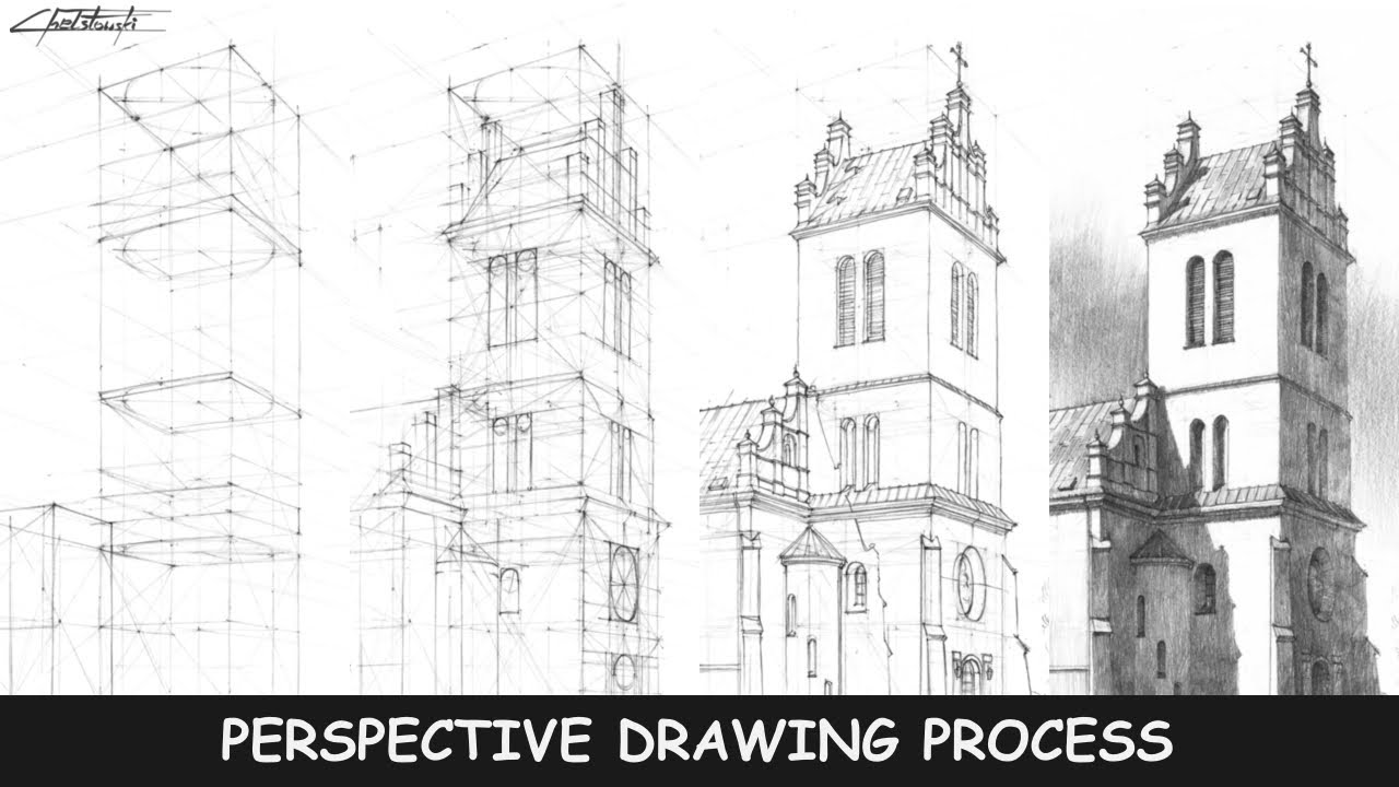 Drawing the church in Sieluń in 2-point perspective - YouTube