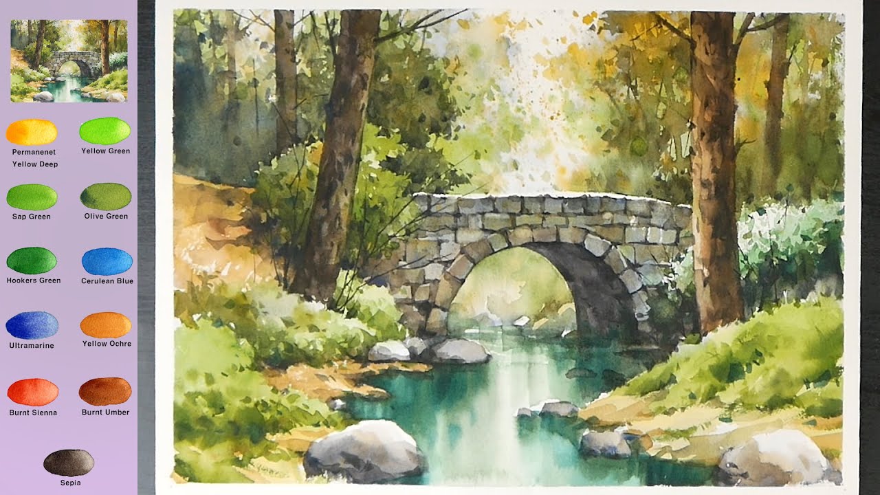 Without Sketch Landscape Watercolor- Forest Bridge (3x speed, View ...