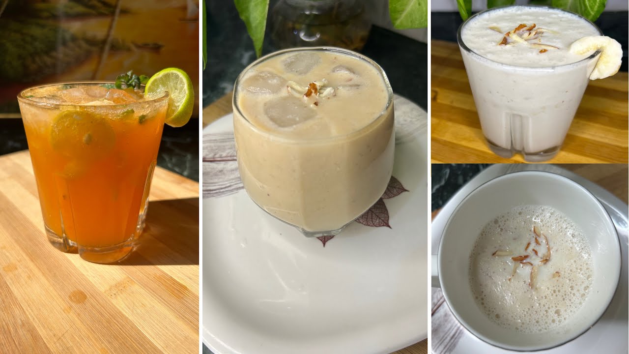 4 Instant Refreshing Drinks | Orange mojito / Banana Shake/ Apple ...