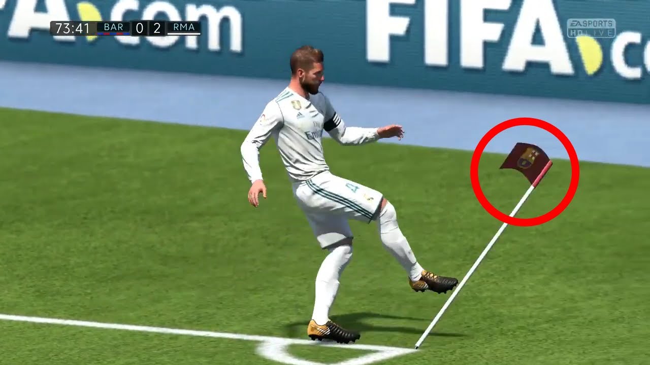 Sergio Ramos Kicking at Barcelona's Flag After Scoring Goal। FIFA 18 ...