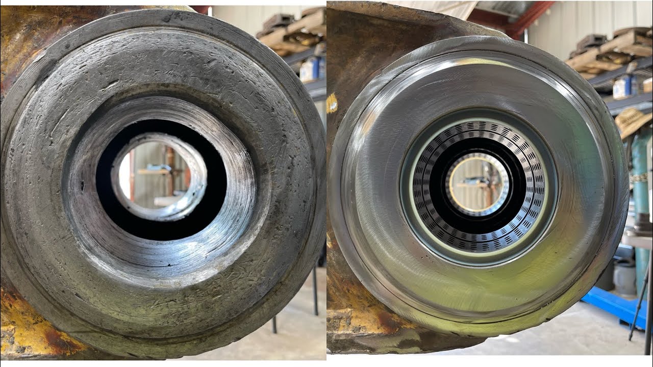 Line boring a CAT 374 stick - YouTube