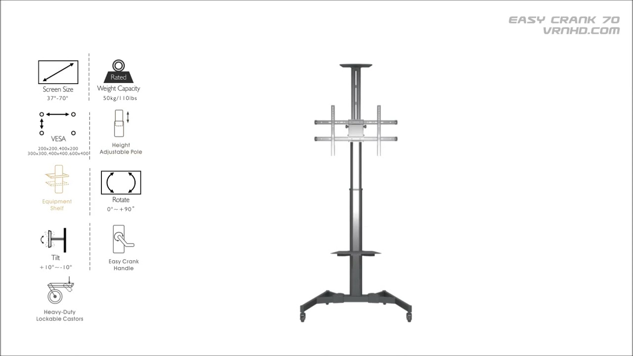 Features Easy Crank 70 Telescopic Height-Adjustable Steel TV Cart with ...