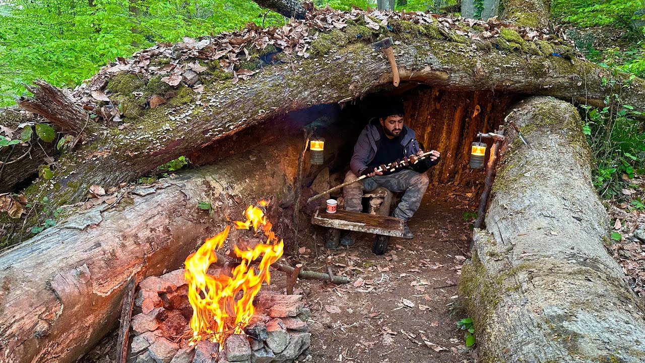 Building a Natural SHELTER inside Big TREE - Bushcraft SURVIVAL Camping ...
