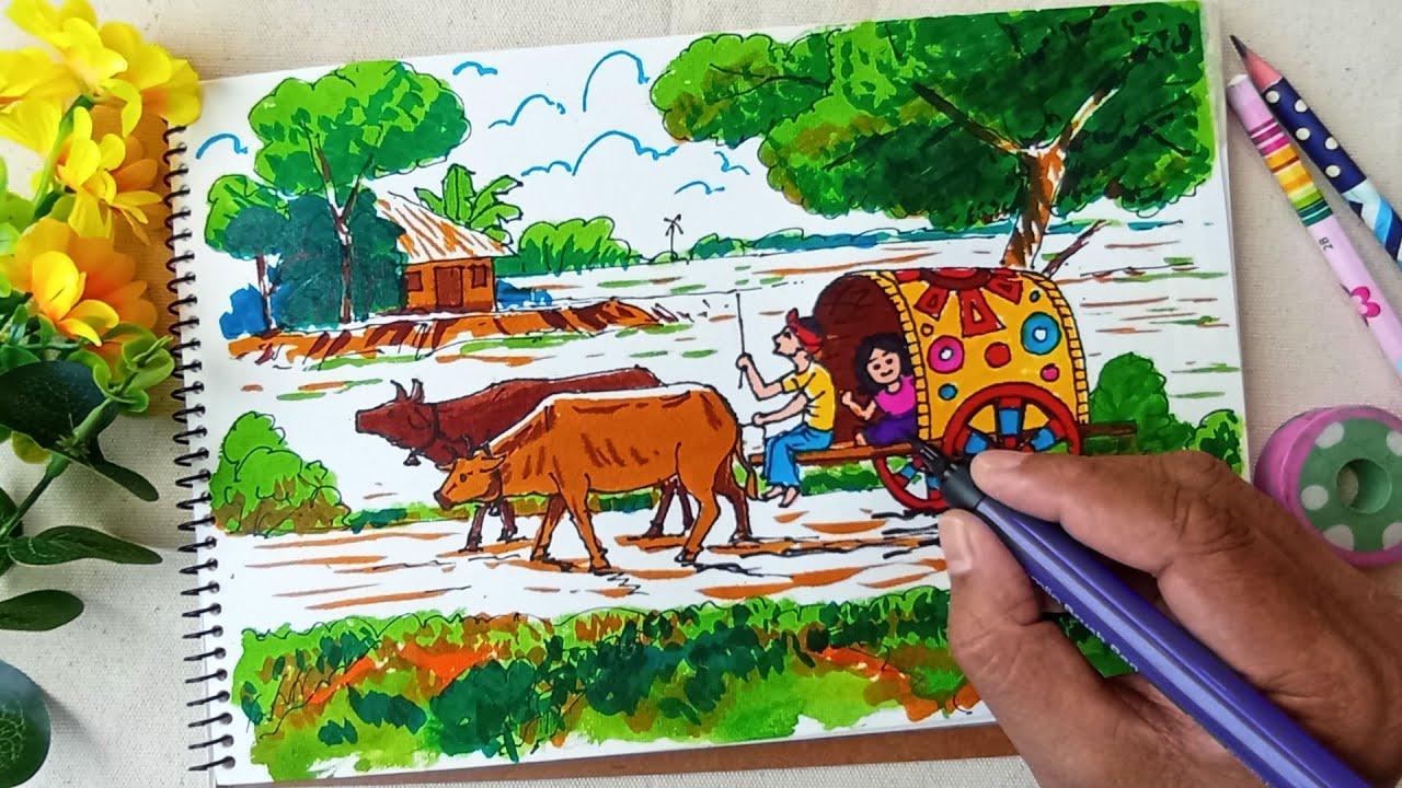 Bullock cart drawing easy step by step - YouTube