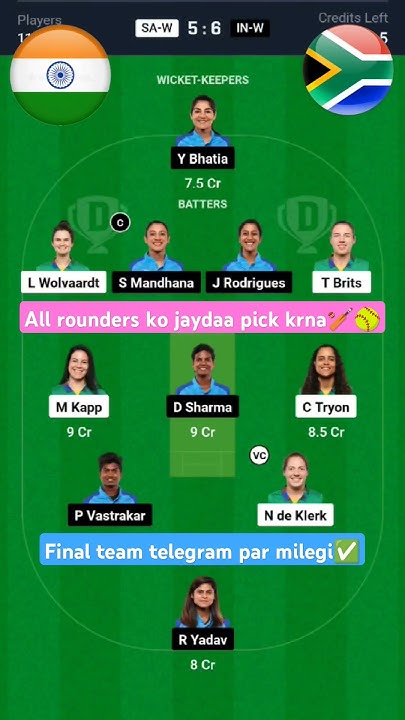 SA W vs IN W Dream11 Team, SA W vs IN W Dream11 Prediction, IN W vs SA W T20 Dream11 Team ...