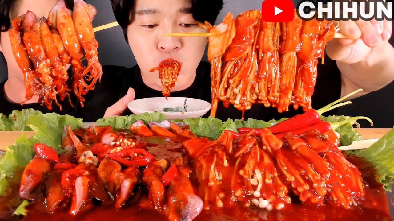 BABY SQUID🦑🍄BACON WRAPPED ENOKI MUSHROOM WITH FIRE SPICY SAUCE MUKBANG ...