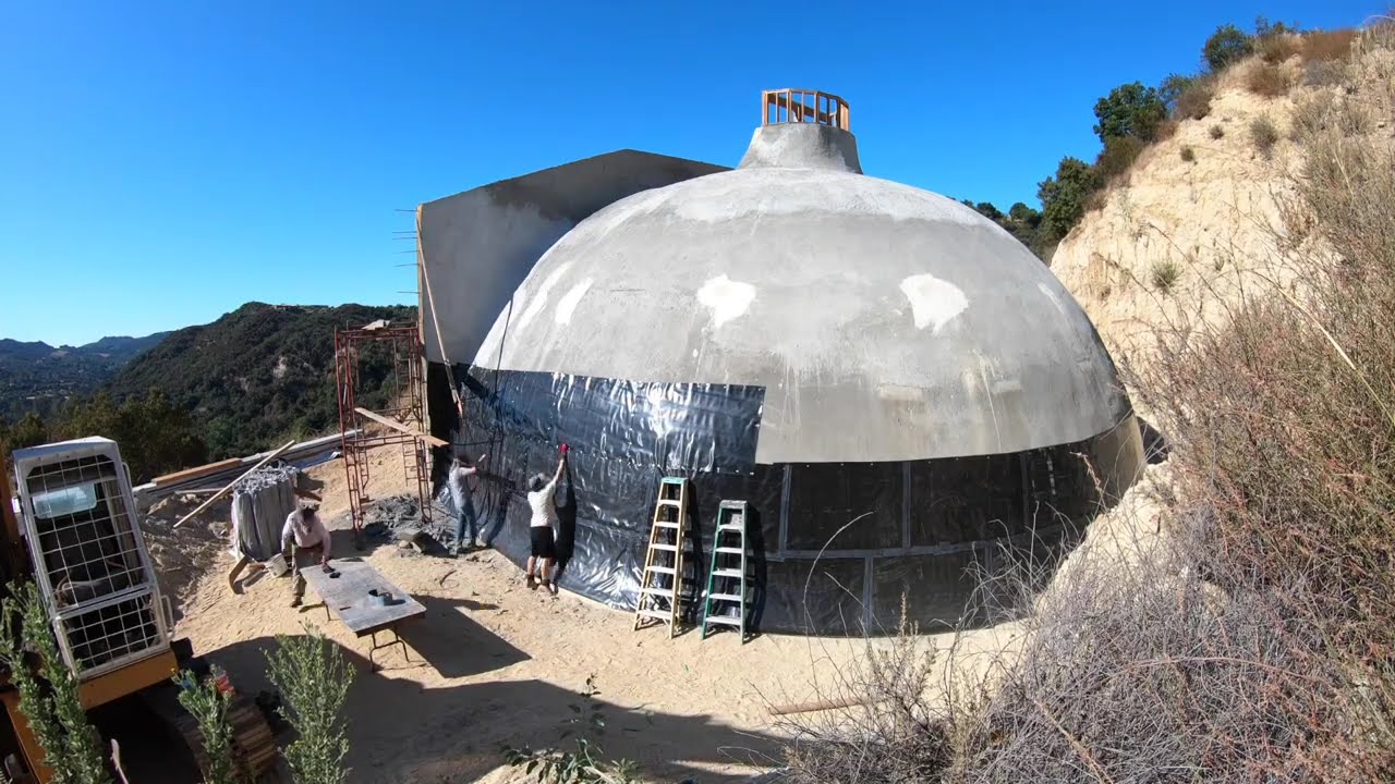 Waterproofing the dome shaped underground house! WARNING: LOUD music 10 ...