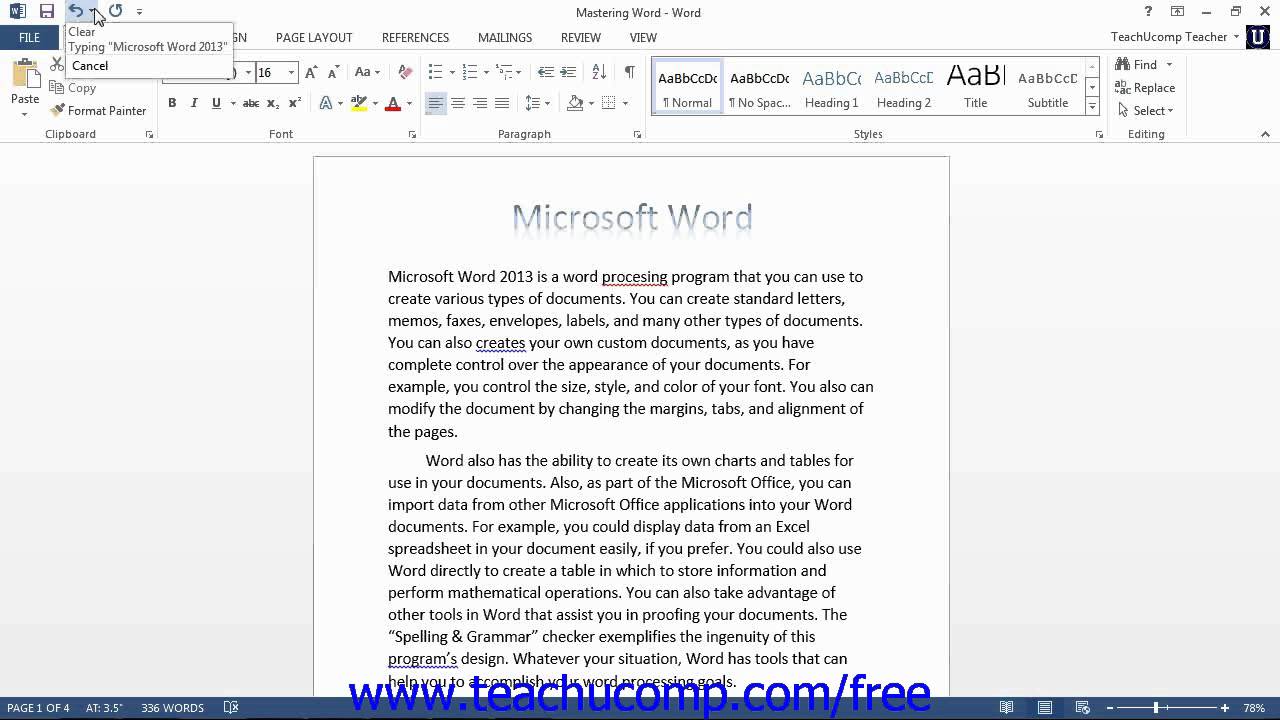 Word 2013 Tutorial Undoing and Redoing Actions Microsoft Training ...