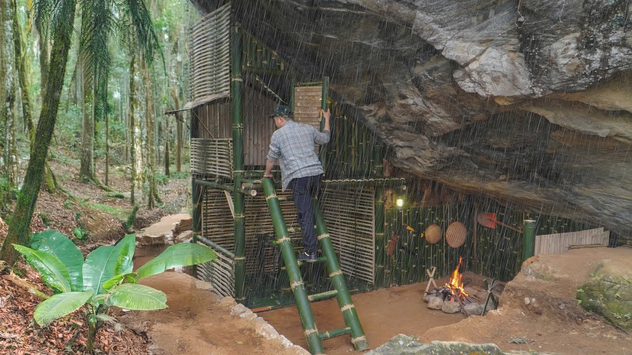 Build a beautiful cliffside bamboo house to survive in the jungle - YouTube